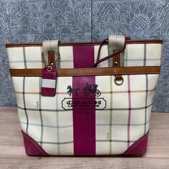 Coach | Bags | Coach Multicolor Plaid Leather Tote | Poshmark
